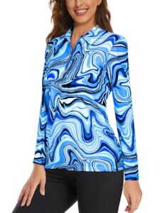 long sleeve golf shirts for women upf50+ sun protection loose fitting workout tops 1/4 zip up fast dry lightweight moisture wicking tennis yoga athletic shirt marble printed blue wave, xx-large