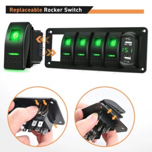 GOOACC 5 Gang Rocker Switch Panel Green Backlit with 4.8 Amp Dual USB Charger Voltmeter Waterproof 12V 24V DC Rocker Switch with Night Glow Stickers for Car Trucks Boats RVs,2 Years Warranty