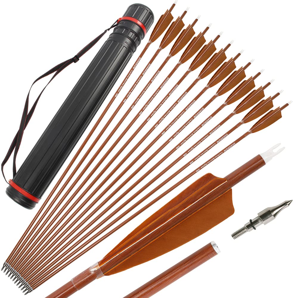 wolfman 30" Archery Carbon Arrows Spine 500 600 Hunting Arrows with 4” Turkey Feather Targeting Arrows for Compound & Recurve &Traditional Bow 6/12pcs (12pcs + Tube, Spine 500)