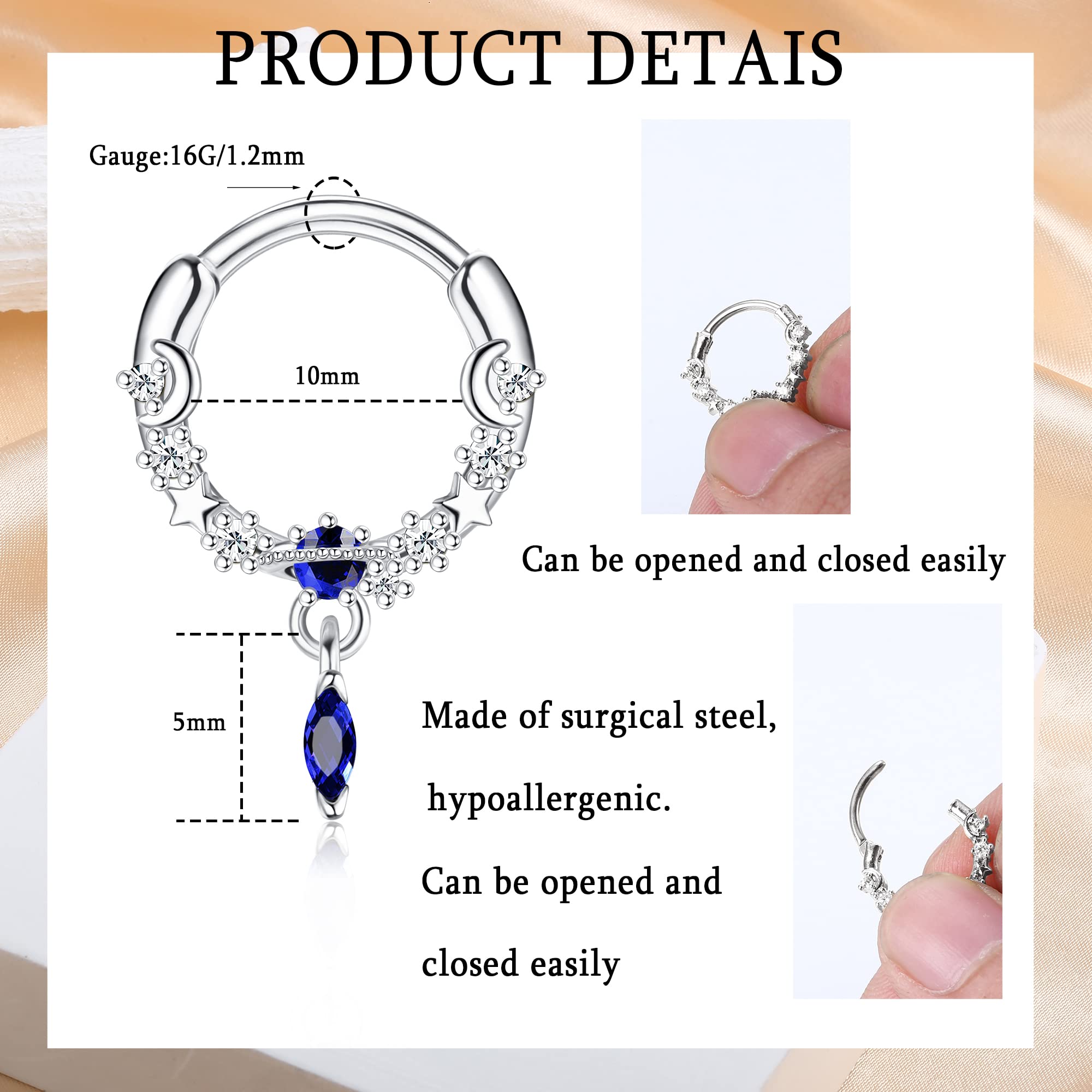 YADOCA 16G Septum Rings Dangle Septum Clicker Piercing Jewelry Hypoallergenic 316L Surgical Steel Blue Planet Star Moon Teardrop Clear CZ Dangly Nose Ring Daith Helix Earrings Piercing Jewelry for Women Men 10MM