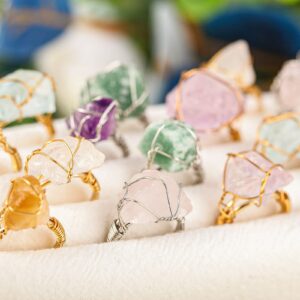 Sureio 12 Pieces Chakra Crystal Ring Healing Crystal Adjustable Gemstone Irregular Stone Rings for Women and Girls Colorful Gem Copper Wire Wrap Ring for Women, Gold Ring