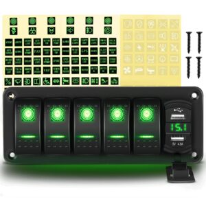 gooacc 5 gang rocker switch panel green backlit with 4.8 amp dual usb charger voltmeter waterproof 12v 24v dc rocker switch with night glow stickers for car trucks boats rvs,2 years warranty