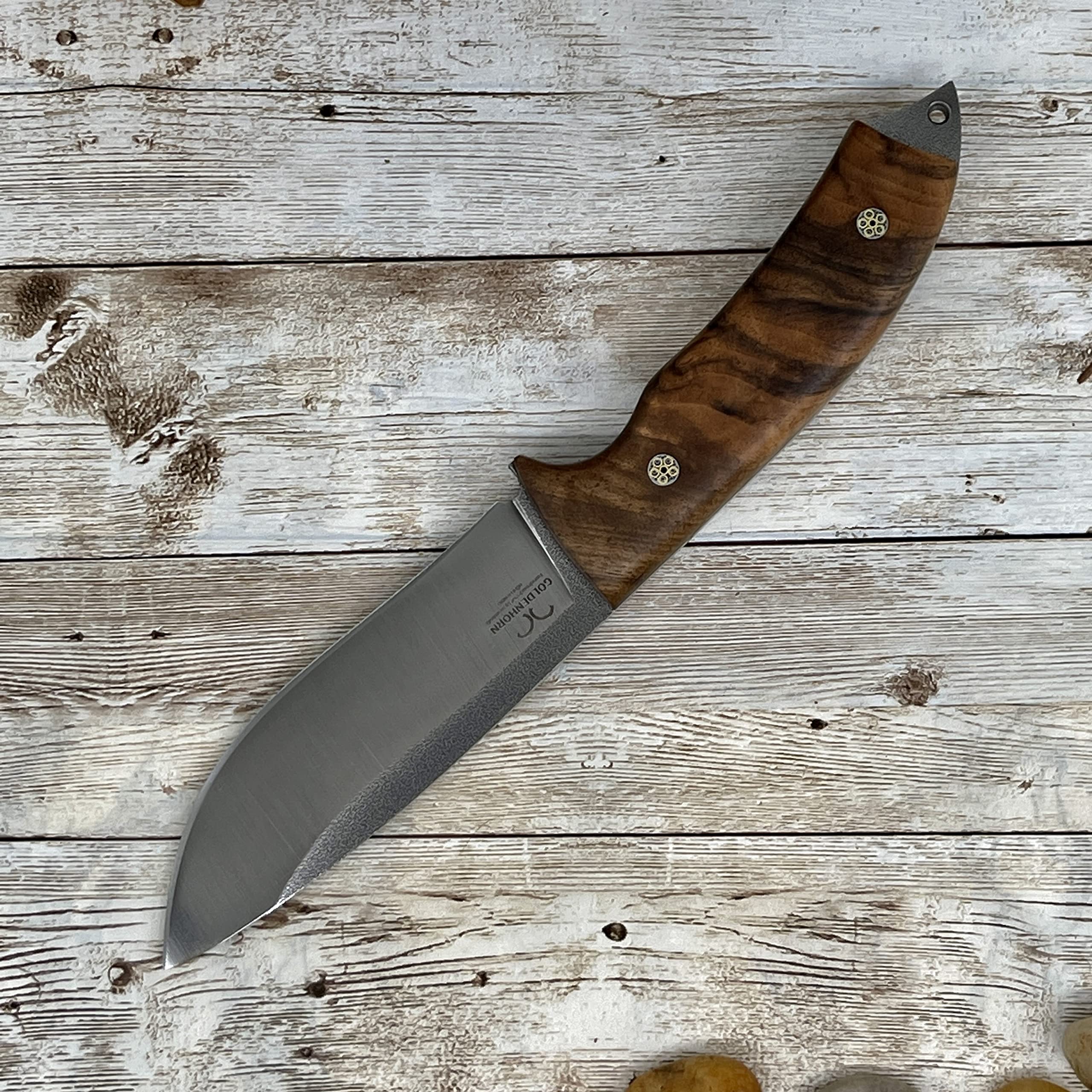 Golden Horn Expert in Handcraft Hunting Knife Camping Knife with Personalized Wood Handle and Leather Sheath for Gift Walnut Handle Bohler N690 Bushcraft Knife