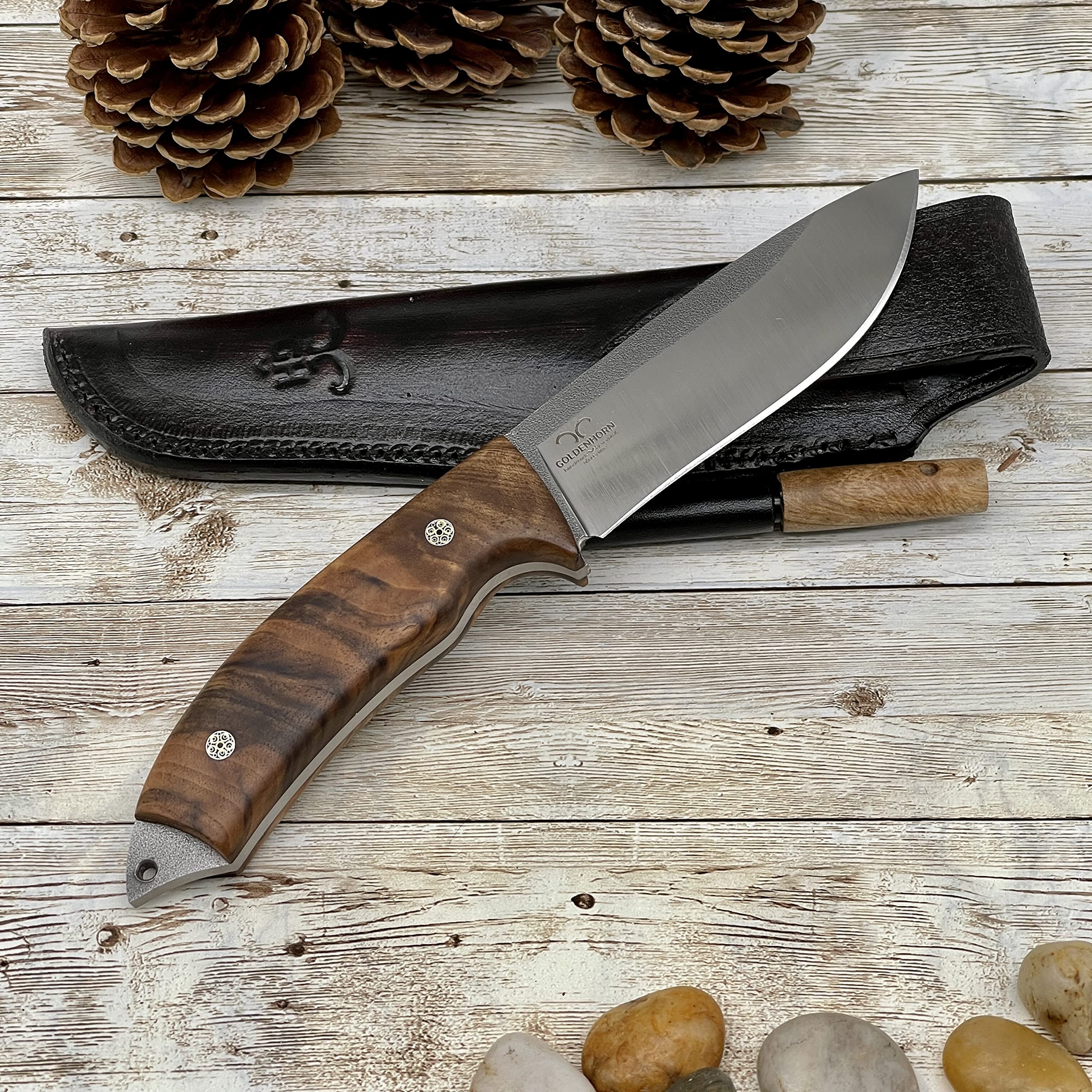 Golden Horn Expert in Handcraft Hunting Knife Camping Knife with Personalized Wood Handle and Leather Sheath for Gift Walnut Handle Bohler N690 Bushcraft Knife