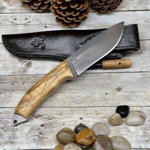 golden horn expert in handcraft hunting knife camping knife with personalized wood handle and leather sheath for gift olive handle bohler n690 bushcraft knife