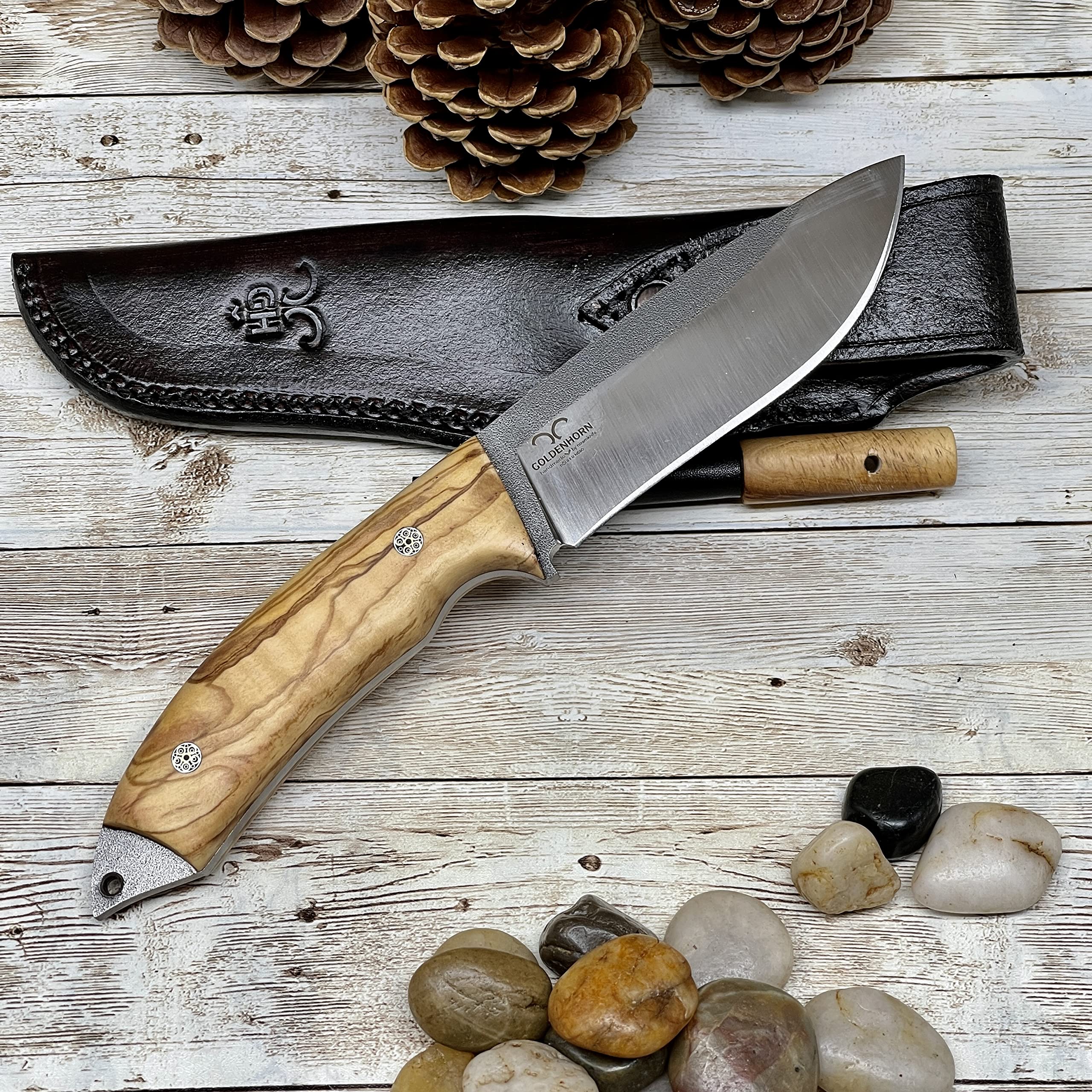 Golden Horn Expert in Handcraft Hunting Knife Camping Knife with Personalized Wood Handle and Leather Sheath for Gift Olive Handle Bohler N690 Bushcraft Knife