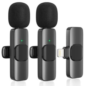 jumaocio wireless lavalier microphone, microphone for iphone,2-in-1 for iphone and ipad, interview,live steam、youtubers、vloggers、tiktok facebook,clip-on plug and play auto sync. (black)