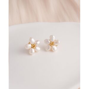 Baroque Pearl Stud Earrings for Women, Handmade Flower Pearl Stud Earings 14K Gold Plated 925 Sterling Silver Post (White)