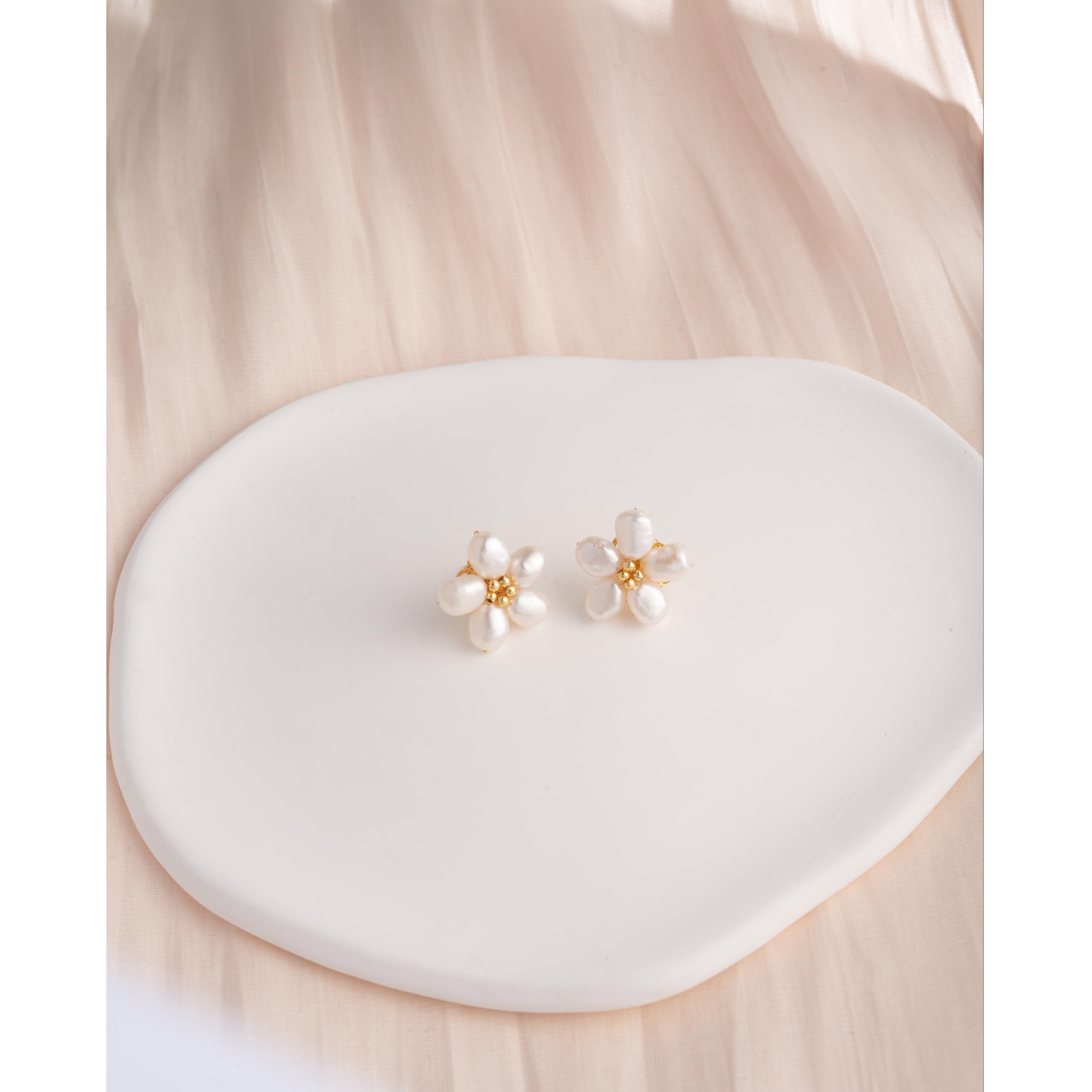 Baroque Pearl Stud Earrings for Women, Handmade Flower Pearl Stud Earings 14K Gold Plated 925 Sterling Silver Post (White)