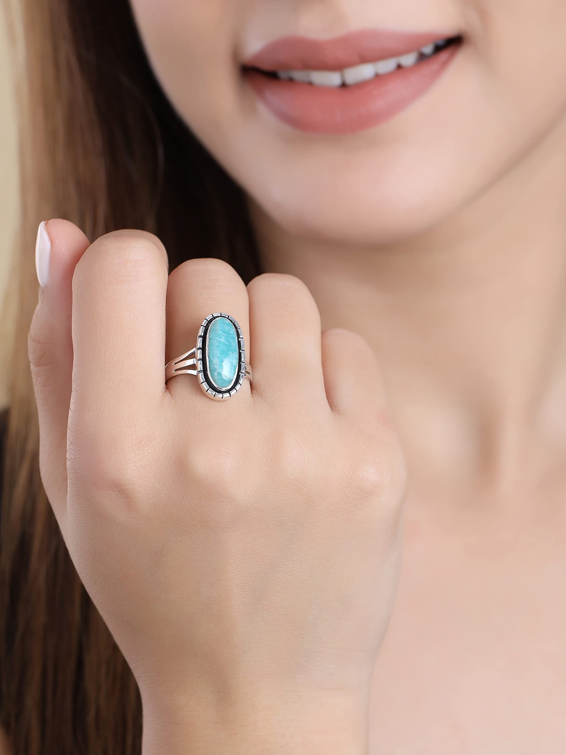 Silver Eternity 925 Sterling Silver Amazonite Ring for Women Statement Ring Silver Natural Blue Amazonite Ring Jewelry Gift for Women (Blue, Ring Size - 6)