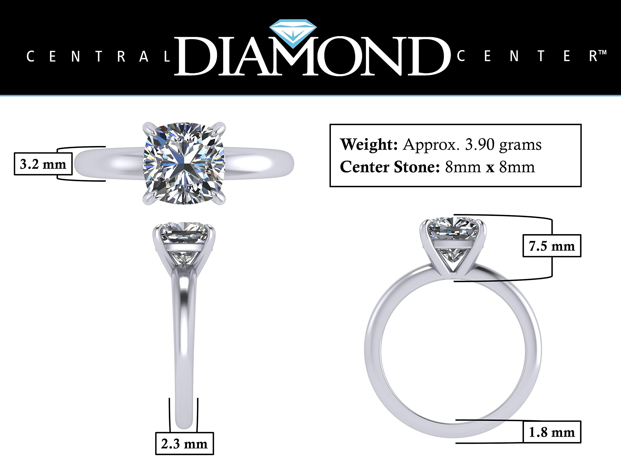 Central Diamond Center VOGUE 4 Prong Cushion Cut 925 Silver Solitaire Engagement Ring - 3.00ct Platinum Plated - Size 4