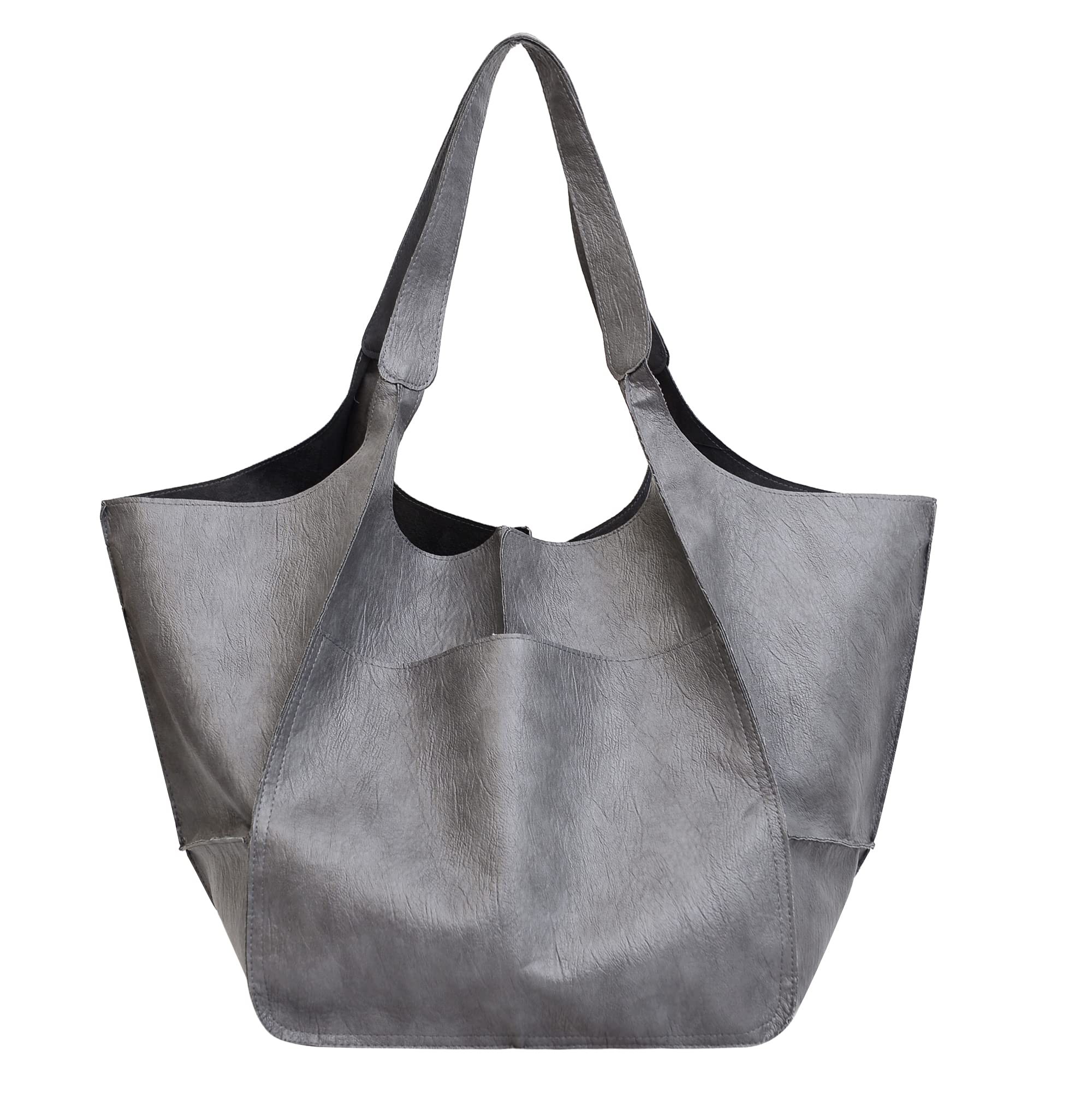 AKONG oversized womens handbag pu soft leather shoulder tote extra big travel Hobo large capacity Satchel (gray)