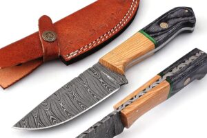 damascus knives custom handmade damascus hunting knife- best damascus steel blade hunting skinning knife- fixed blade hunting knife with sheath belt loop (black&olive) 20101