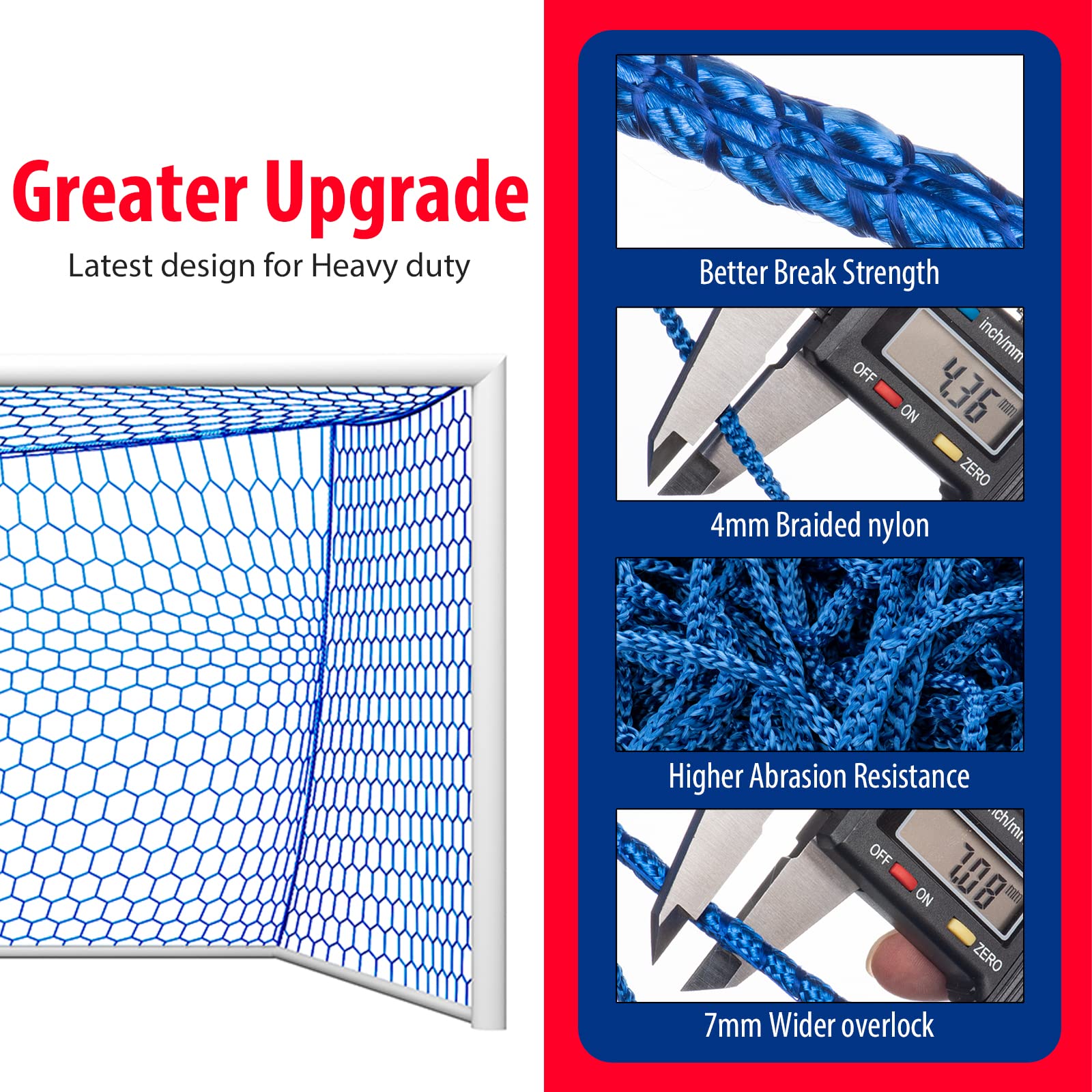 XXXYYY Soccer Goal Net Replacement 24x8FT, Professional On-Court Quality [8.4 LBS, 4mm Nylon], Upgraded Weather Resistance, Better Break Strength, Higher Abrasion Resistance- Blue (Net Only)