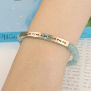 Aquamarine Beads-YOU ARE LOVED YOU ARE VALUED YOU ARE BEAUTIFUL- Faith Motivated Messages Engraved Stainless Steel Bar Beaded Inspirational Bracelets,Gifts for Women Men Girls Boys Mother Daughter Friends,Birthday Present. (silver-Aquamarine-YOU ARE LOVED