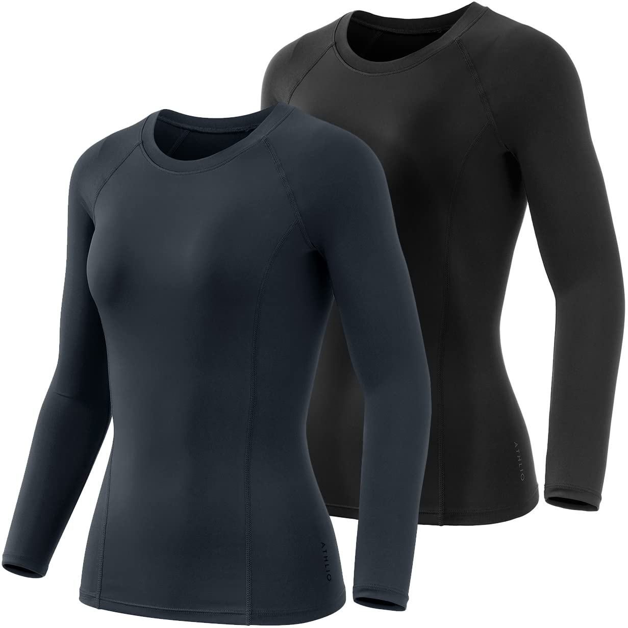 ATHLIO Women's Sports Compression Shirt, Cool Dry Fit Long Sleeve Workout Tops, Athletic Exercise Gym Yoga Shirts, 2pack Black/Charcoal, Small