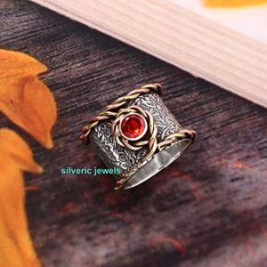 Tree life Garnet gemstone Sterling silver ring Textured Meditation band Handmade ring Silver jewelry,Gift for her (8.5)