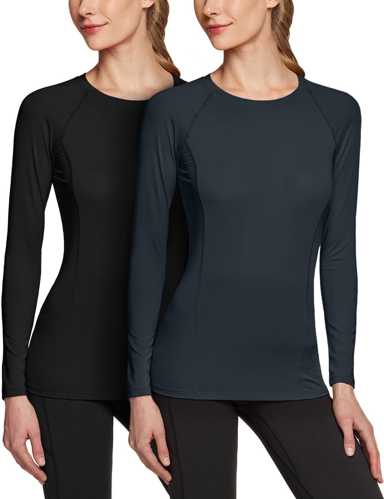 ATHLIO Women's Sports Compression Shirt, Cool Dry Fit Long Sleeve Workout Tops, Athletic Exercise Gym Yoga Shirts, 2pack Black/Charcoal, Small