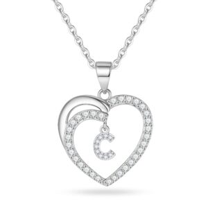 hadoken silver heart initial necklaces for women girls, s925 sterling silver letter c pendant initial necklace for women teens girls cz dainty love pendant heart necklace jewelry gifts for teen girls