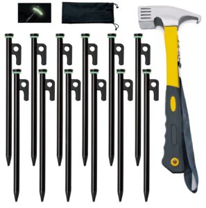 tialero 8/12/16pack tent stake with hammer, 8/10/12/16in heavy duty tent stakes + 10in tent stakes hammer+storage pouch, forged steel tent stakes used on rocks (12 pack 10in tent stakes+hammer)