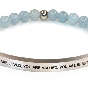 Aquamarine Beads-YOU ARE LOVED YOU ARE VALUED YOU ARE BEAUTIFUL- Faith Motivated Messages Engraved Stainless Steel Bar Beaded Inspirational Bracelets,Gifts for Women Men Girls Boys Mother Daughter Friends,Birthday Present. (silver-Aquamarine-YOU ARE LOVED