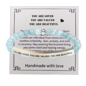 Aquamarine Beads-YOU ARE LOVED YOU ARE VALUED YOU ARE BEAUTIFUL- Faith Motivated Messages Engraved Stainless Steel Bar Beaded Inspirational Bracelets,Gifts for Women Men Girls Boys Mother Daughter Friends,Birthday Present. (silver-Aquamarine-YOU ARE LOVED