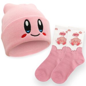 ohjijinn kawaii anime beanie knitted hat and socks, cute pink slouchy warm cap, cartoon winter soft headwear funny hat gifts for women