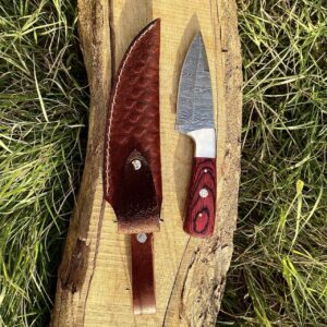 w trading handmade damascus steel hunting knife survival fixed blade knife with red pukka wood-damascus steel blade skinning camping knives for men and women with leather sheath