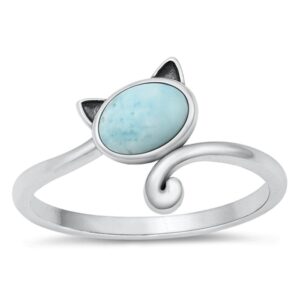 cute simulated larimar beautiful spoon ring new .925 sterling silver cat band size 6