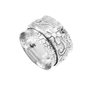 floral textured spinner ring meditation silver ring fidget wide band organic silver jewelry gift for her (8)