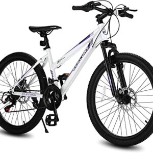 Elecony 26 inch Mountain Bike for Teenagers Girls Women, Shimano 21 Speeds Gear MTB with Dual Disc Brakes and 100mm Front Suspension, White/Pink