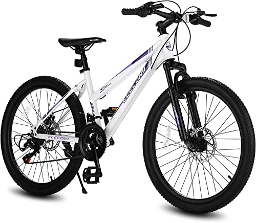 Elecony 26 inch Mountain Bike for Teenagers Girls Women, Shimano 21 Speeds Gear MTB with Dual Disc Brakes and 100mm Front Suspension, White/Pink