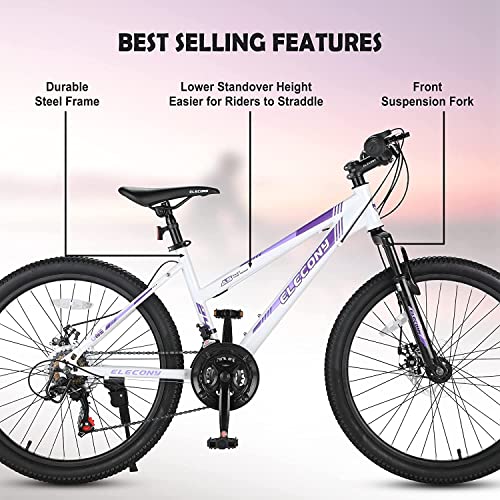 Elecony 26 inch Mountain Bike for Teenagers Girls Women, Shimano 21 Speeds Gear MTB with Dual Disc Brakes and 100mm Front Suspension, White/Pink