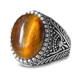 dalegem genuine yellow tiger eye stone ring for men women,retro vintage quartz crystal gemstone turkish ring jewelry gift for her him, silver, tiger eye