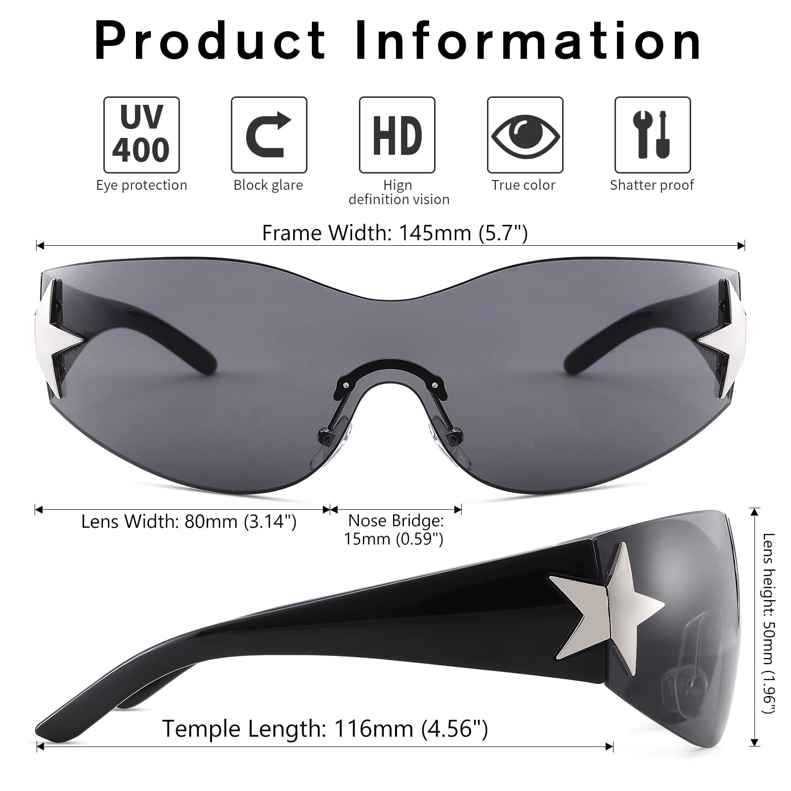 COASION Rimless 2000s Wrap Around Star Sunglasses Women Men Visor Shield Shades Oversized Fashion Frameless Sun Glasses (Black)