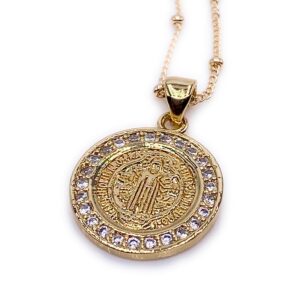 LESLIE BOULES 18K Gold Plated Saint Benedict Pendant Necklace Religious Jewelry for Women