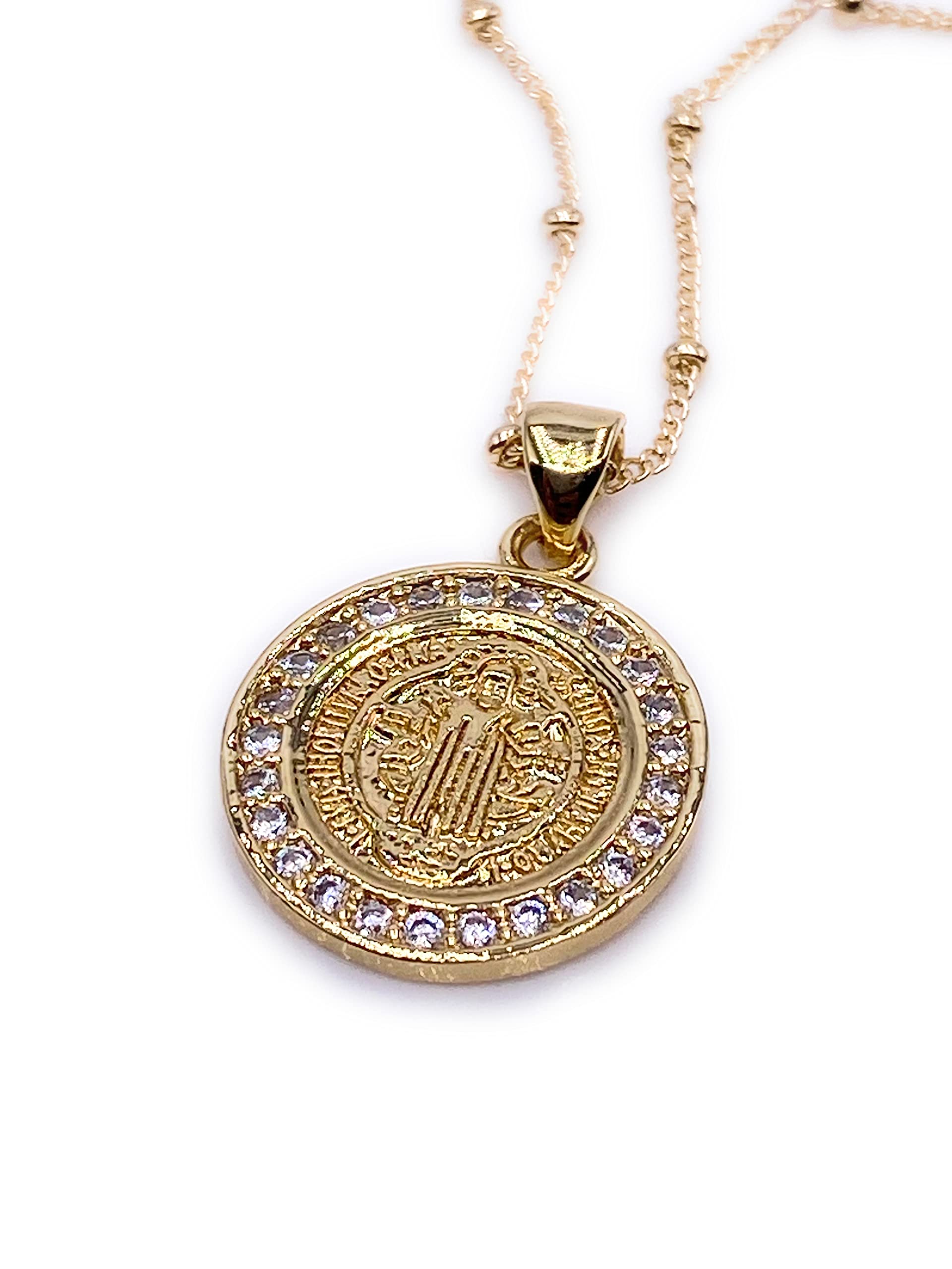 LESLIE BOULES 18K Gold Plated Saint Benedict Pendant Necklace Religious Jewelry for Women