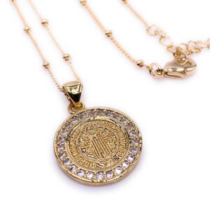 LESLIE BOULES 18K Gold Plated Saint Benedict Pendant Necklace Religious Jewelry for Women