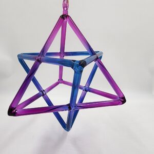 Yantra 8 Inch Violet Blue Colored Chakra Healing Optically Clear Crystal Singing Merkaba Pyramid with Hanging Rope and 1 Suede Stick