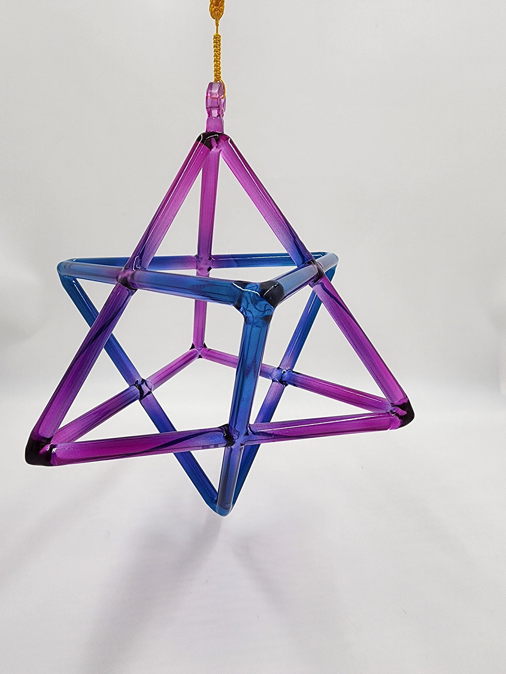 Yantra 8 Inch Violet Blue Colored Chakra Healing Optically Clear Crystal Singing Merkaba Pyramid with Hanging Rope and 1 Suede Stick