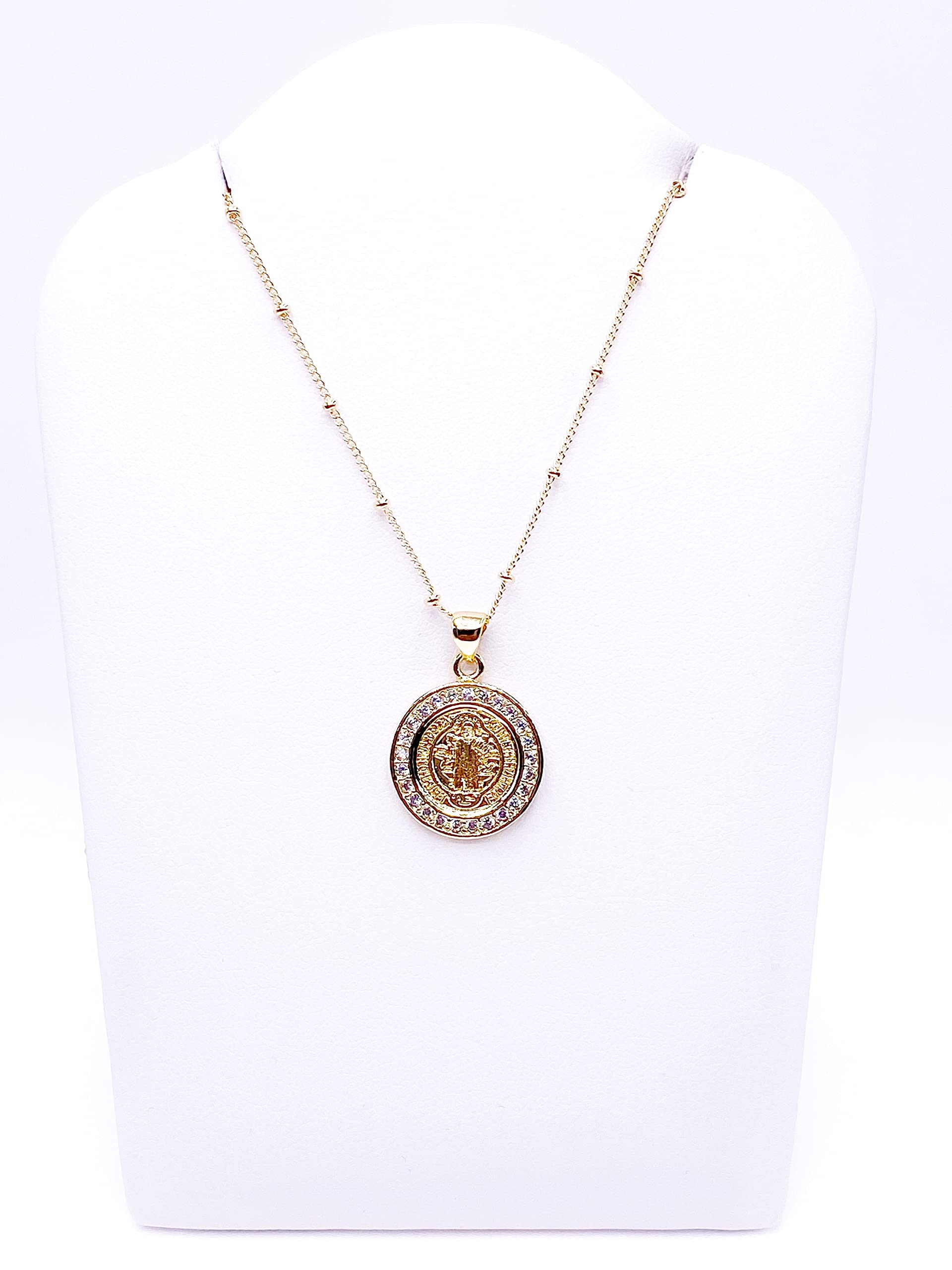 LESLIE BOULES 18K Gold Plated Saint Benedict Pendant Necklace Religious Jewelry for Women