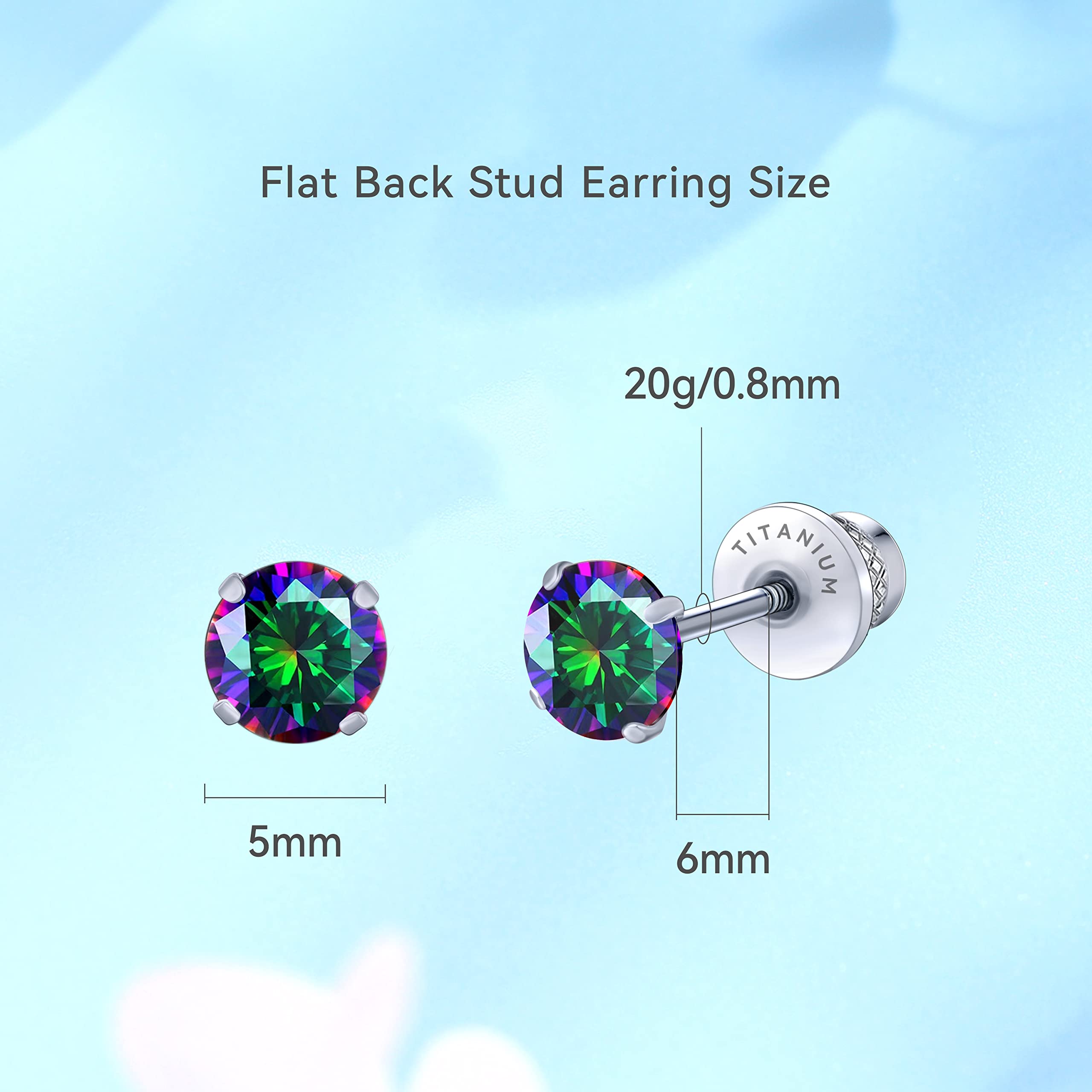 Limerencia Hypoallergenic G23 Implant Grade Titanium Screw Back Earrings Tragus 20G Helix F136 Piercing Post for Sensitive Ears Simulated Diamond Cartilage (5 mm, Rainbow Quartz)