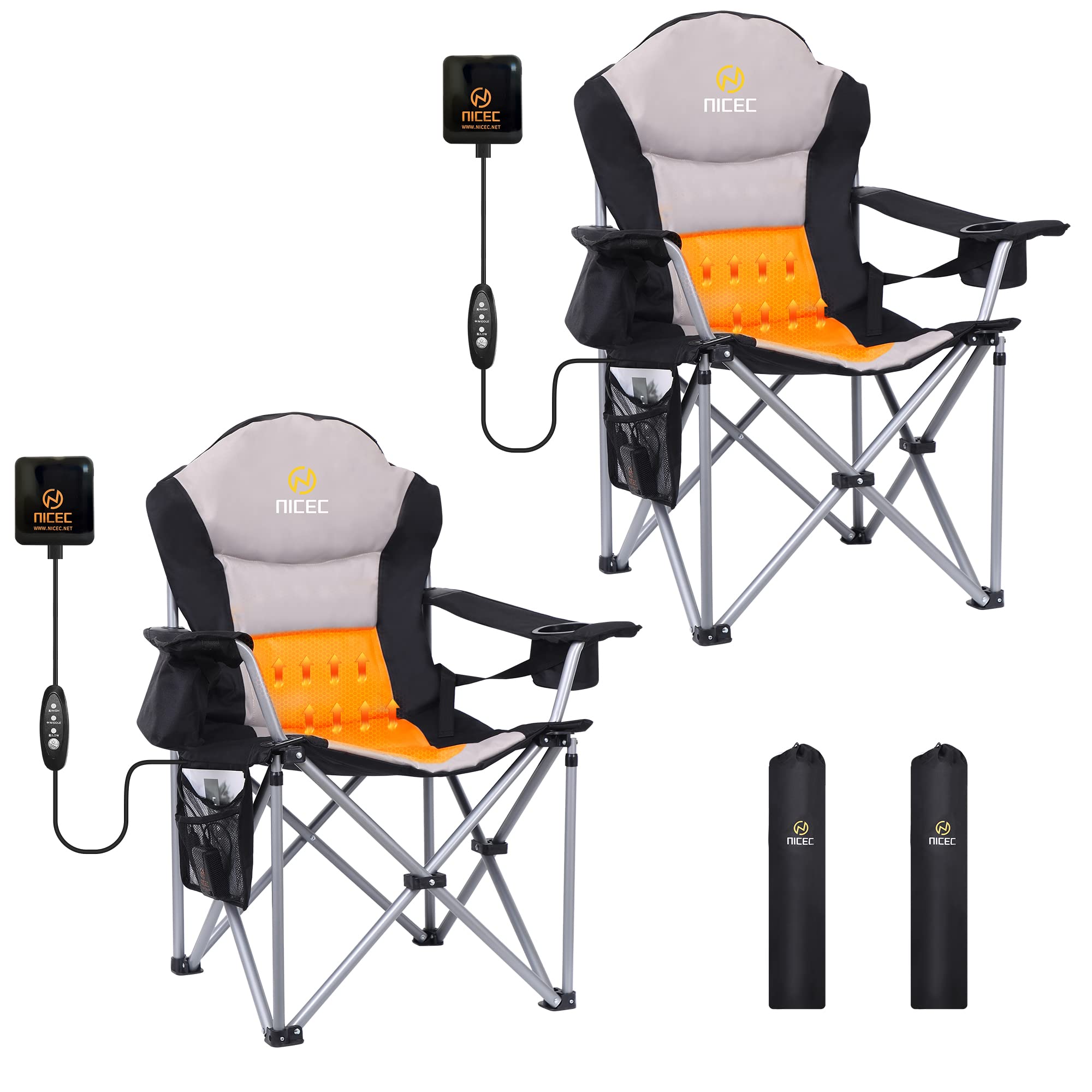 Nice C Outdoor Heated Chair, Heated Camping Chair, Folding Chair, Beach Chair, Wide&Thick Padding, Heavy Duty Cooler, Carry Bag, Cupholder & Side Pockets, 10000mAh Power Bank Included (2 Pack)