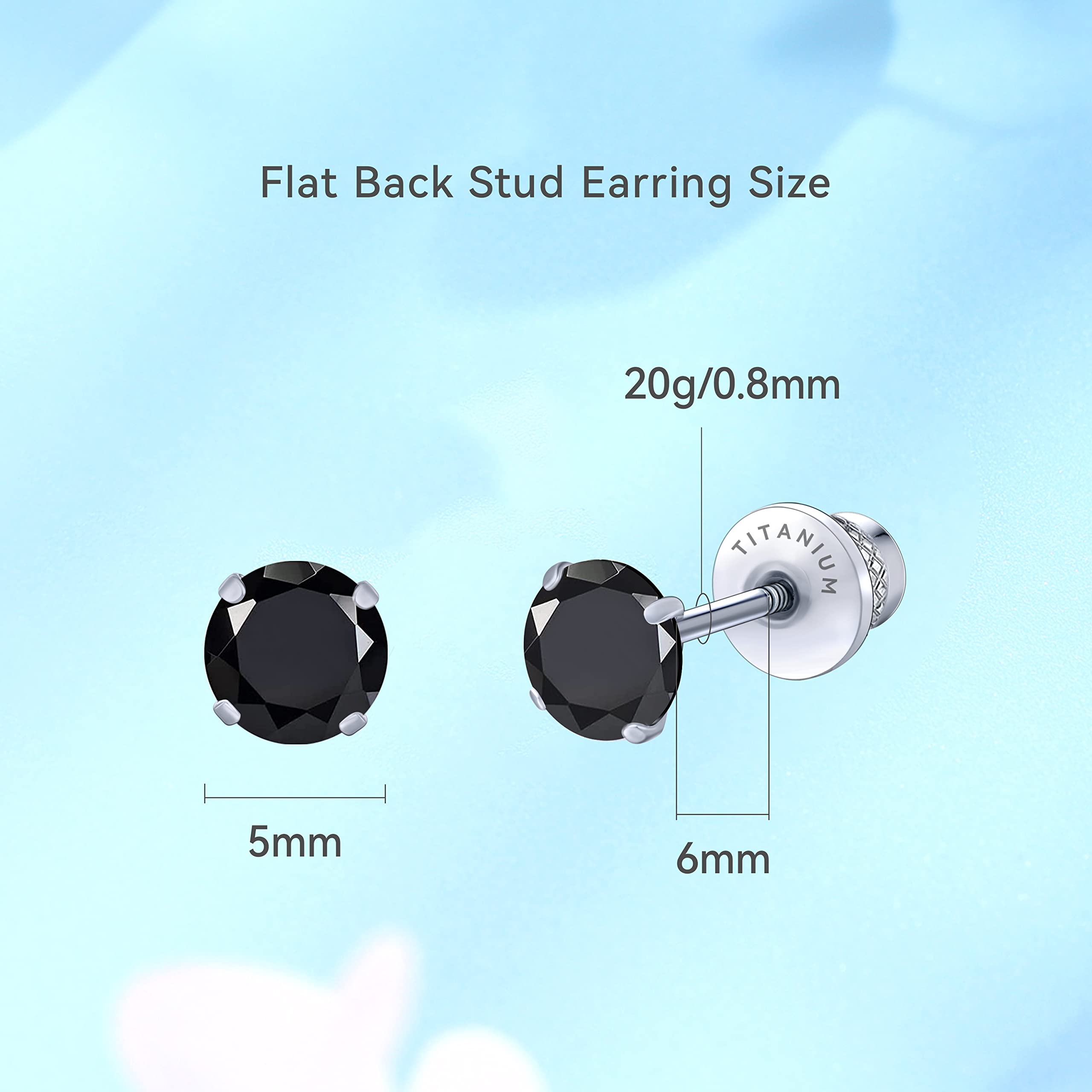 Limerencia Hypoallergenic G23 Implant Grade Titanium Screw Back Earrings Tragus 20G Helix F136 Piercing Post for Sensitive Ears Simulated Diamond Cartilage (5 mm, Black CZ)