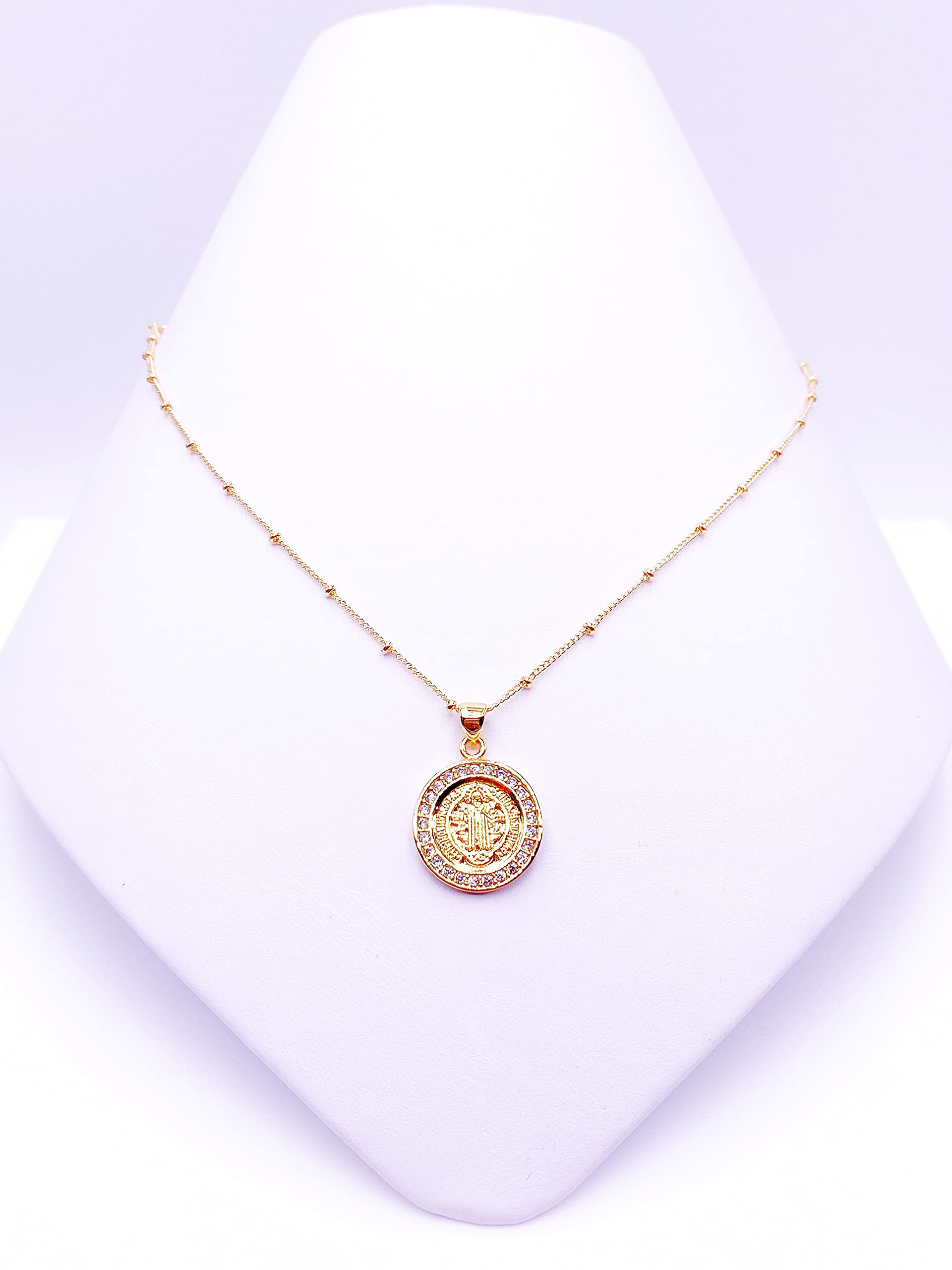 LESLIE BOULES 18K Gold Plated Saint Benedict Pendant Necklace Religious Jewelry for Women