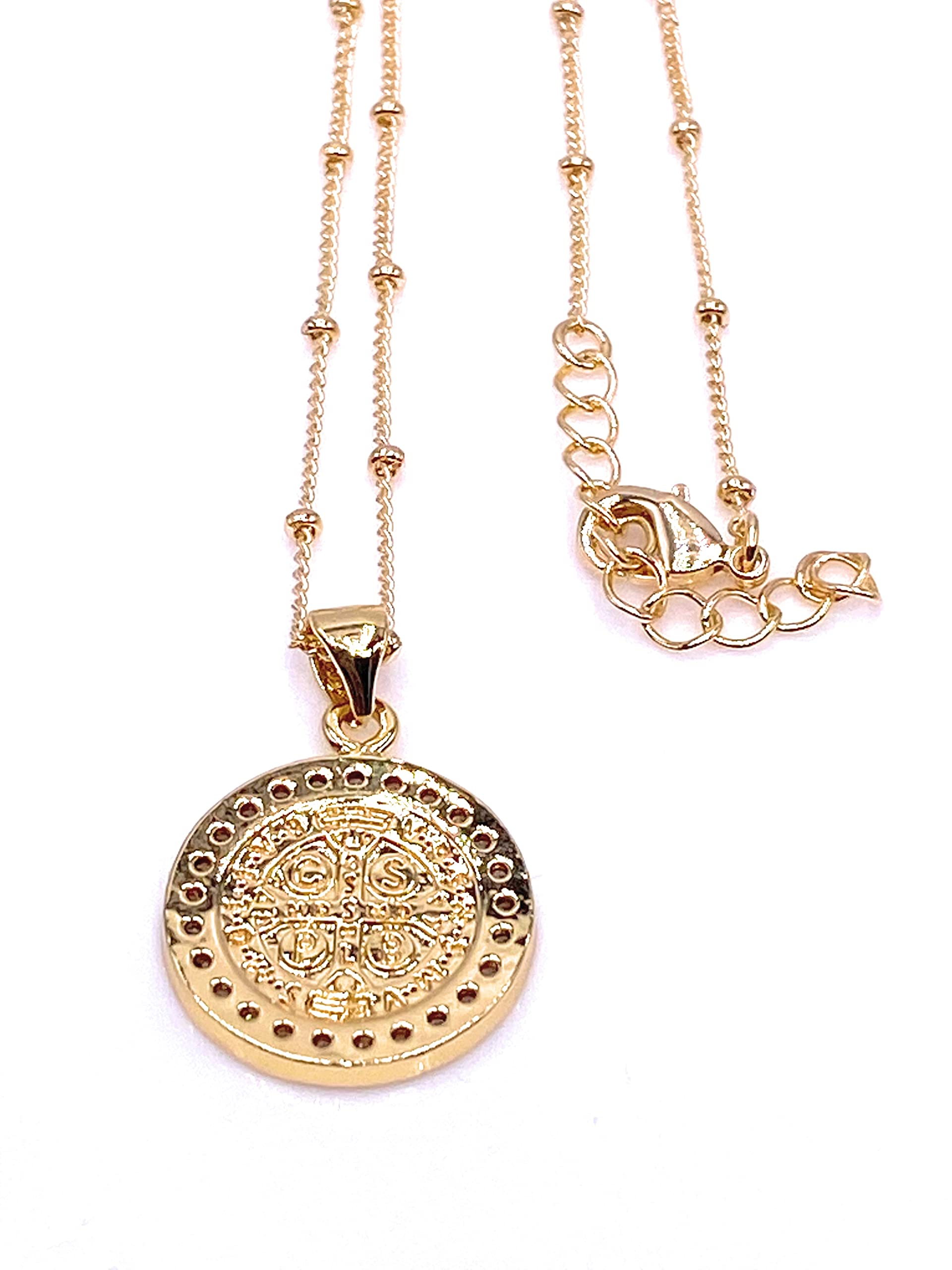 LESLIE BOULES 18K Gold Plated Saint Benedict Pendant Necklace Religious Jewelry for Women