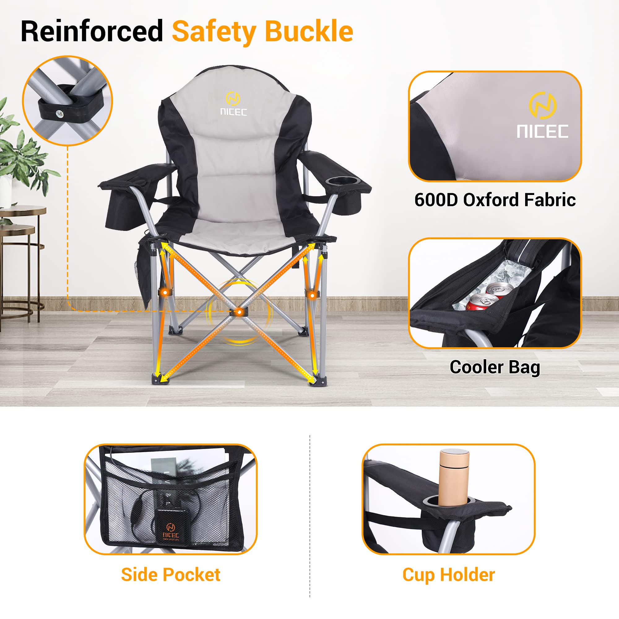 Nice C Outdoor Heated Chair, Heated Camping Chair, Folding Chair, Beach Chair, Wide&Thick Padding, Heavy Duty Cooler, Carry Bag, Cupholder & Side Pockets, 10000mAh Power Bank Included (2 Pack)