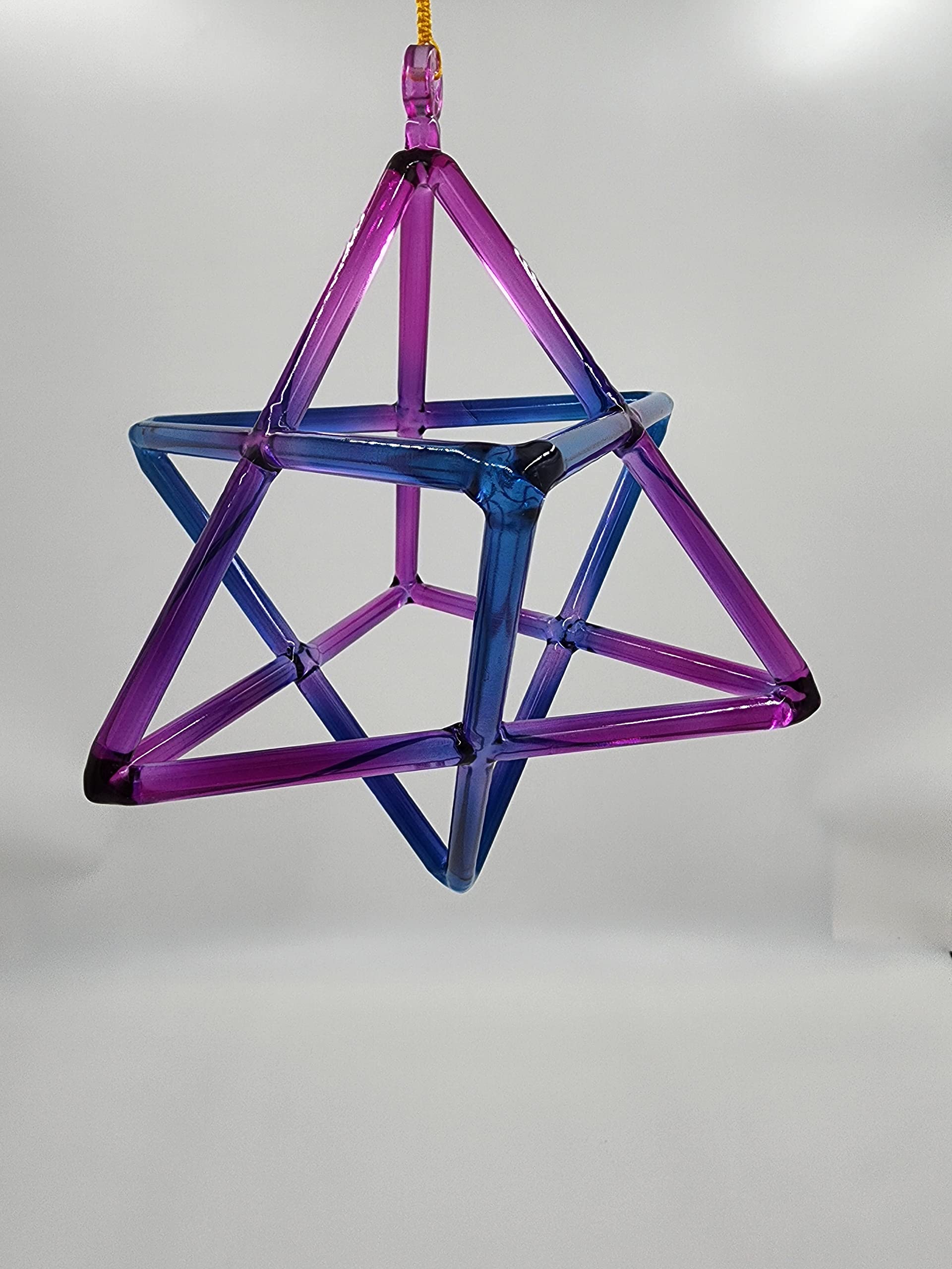 Yantra 8 Inch Violet Blue Colored Chakra Healing Optically Clear Crystal Singing Merkaba Pyramid with Hanging Rope and 1 Suede Stick