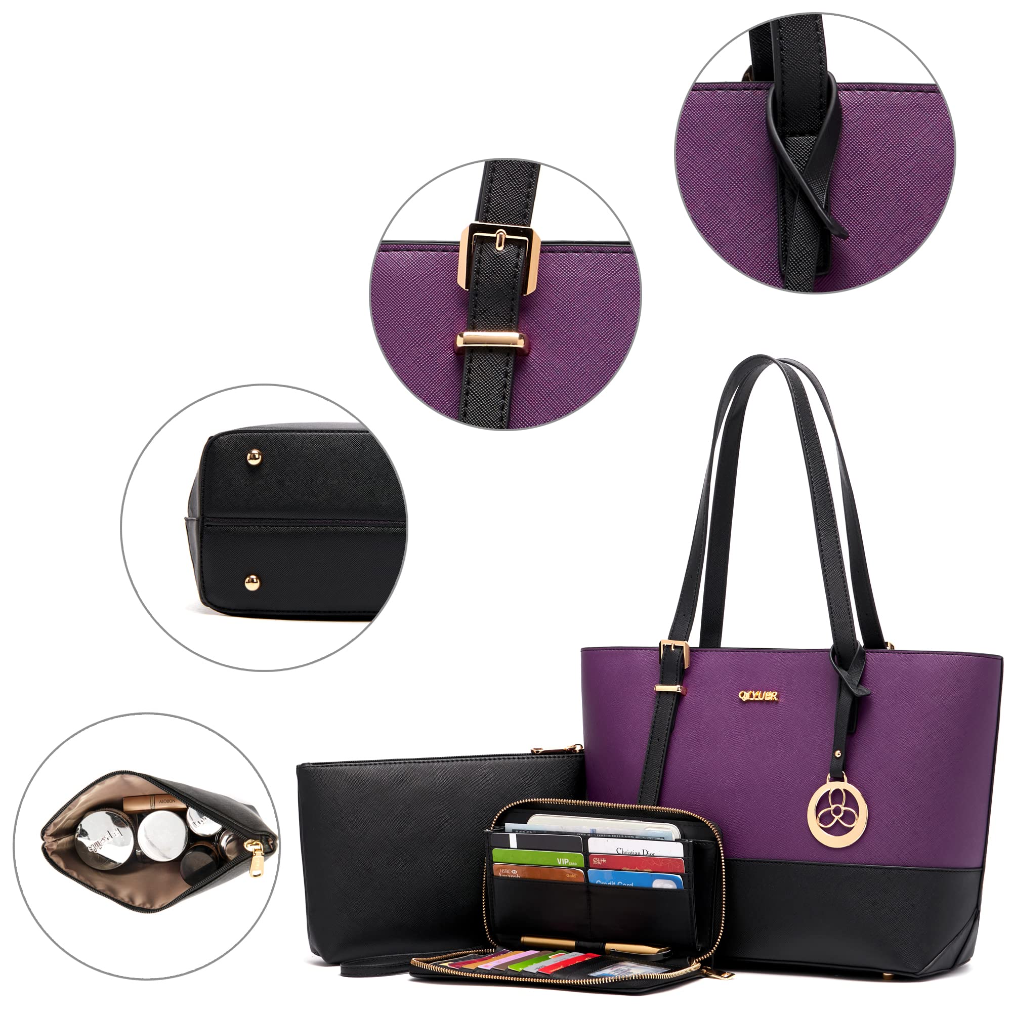 Purses And Wallets Set For Women Tote Satchel Handbags Shoulder Bag Top Handle Totes Purse With Matching Wallet PurpleBlack