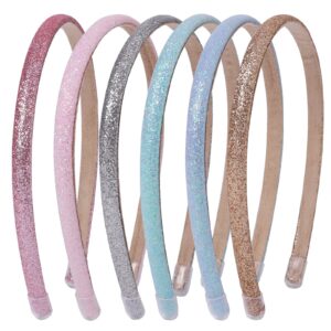 fishdown thin glitter headbands 6 pack, including gold, silver, rose red, pink, blue, light blue for girls and women, non-slip upgraded sequin headband with soft fabric cover